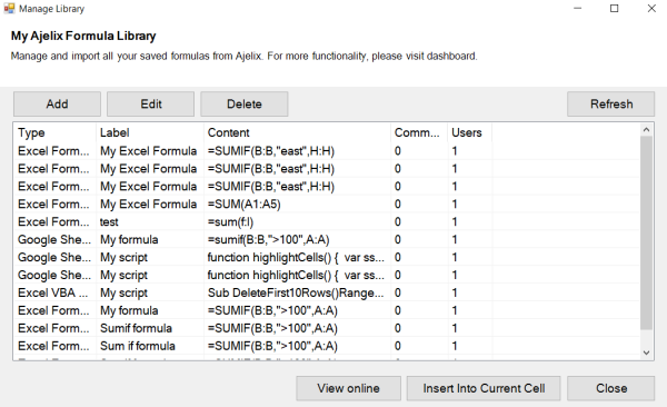Formula And Script Library Save And Share Excel Formula Ajelix